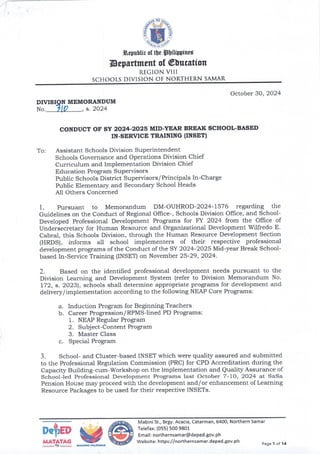 Conduct of SY 2024-2025 Mid-Year Break School-Based INSET | PDF