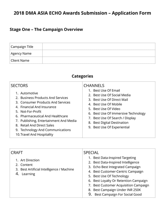 DMA ASIA ECHO Awards Submission Form | PDF | Business | Business and ...