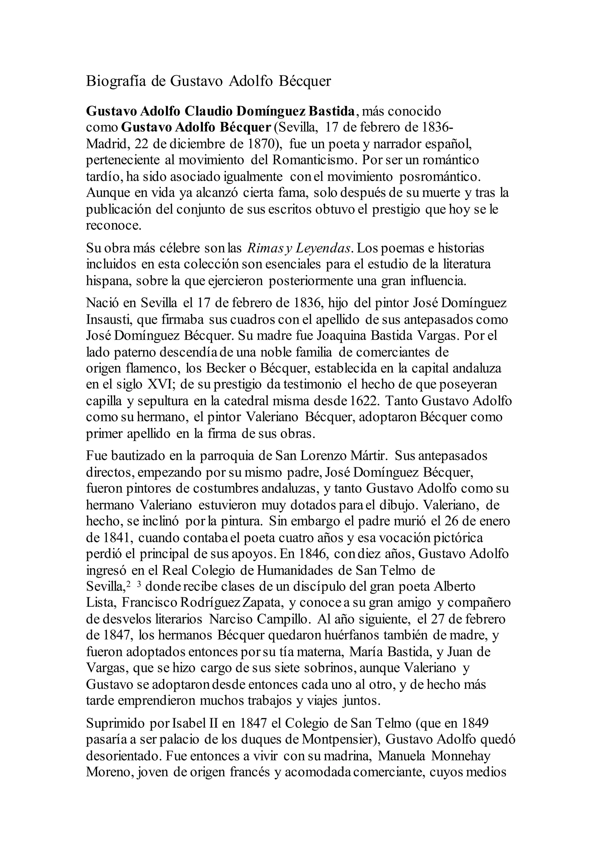Biografía de gustavo adolfo bécquer | DOCX