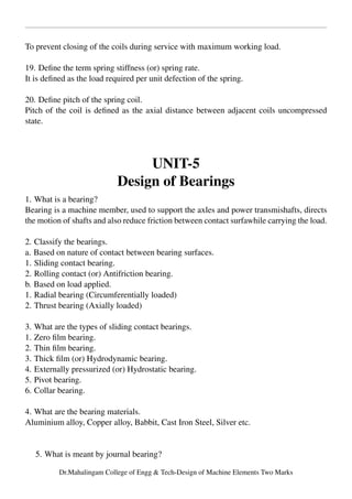 Design of Machine Elements 2 mark Question and Answers | PDF