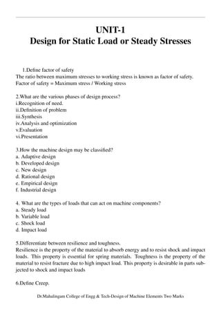 Design of Machine Elements 2 mark Question and Answers | PDF