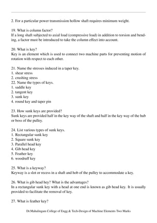 Design of Machine Elements 2 mark Question and Answers | PDF