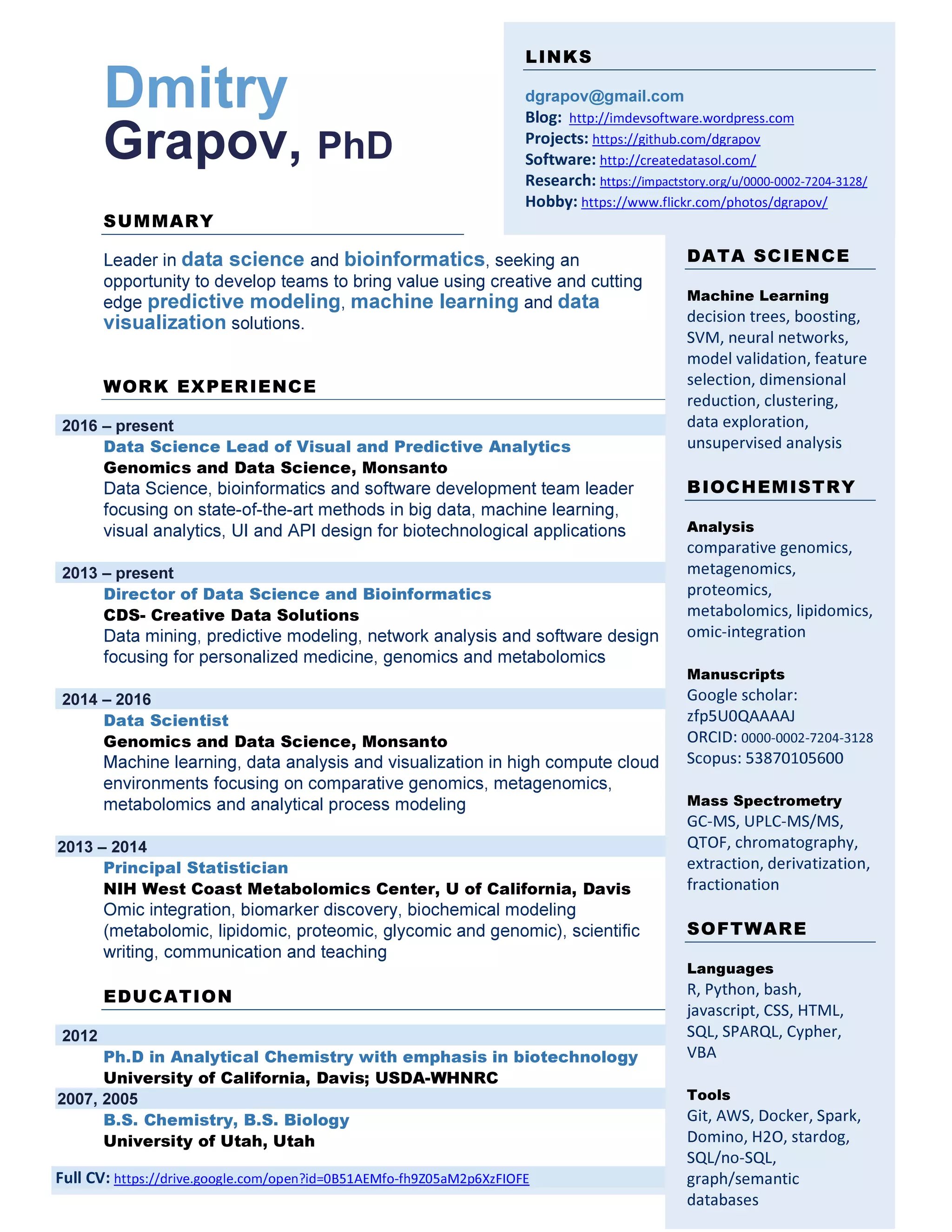 Dmitry Grapov Resume and CV | PDF | Biotech and Biomedical Industry | Industries