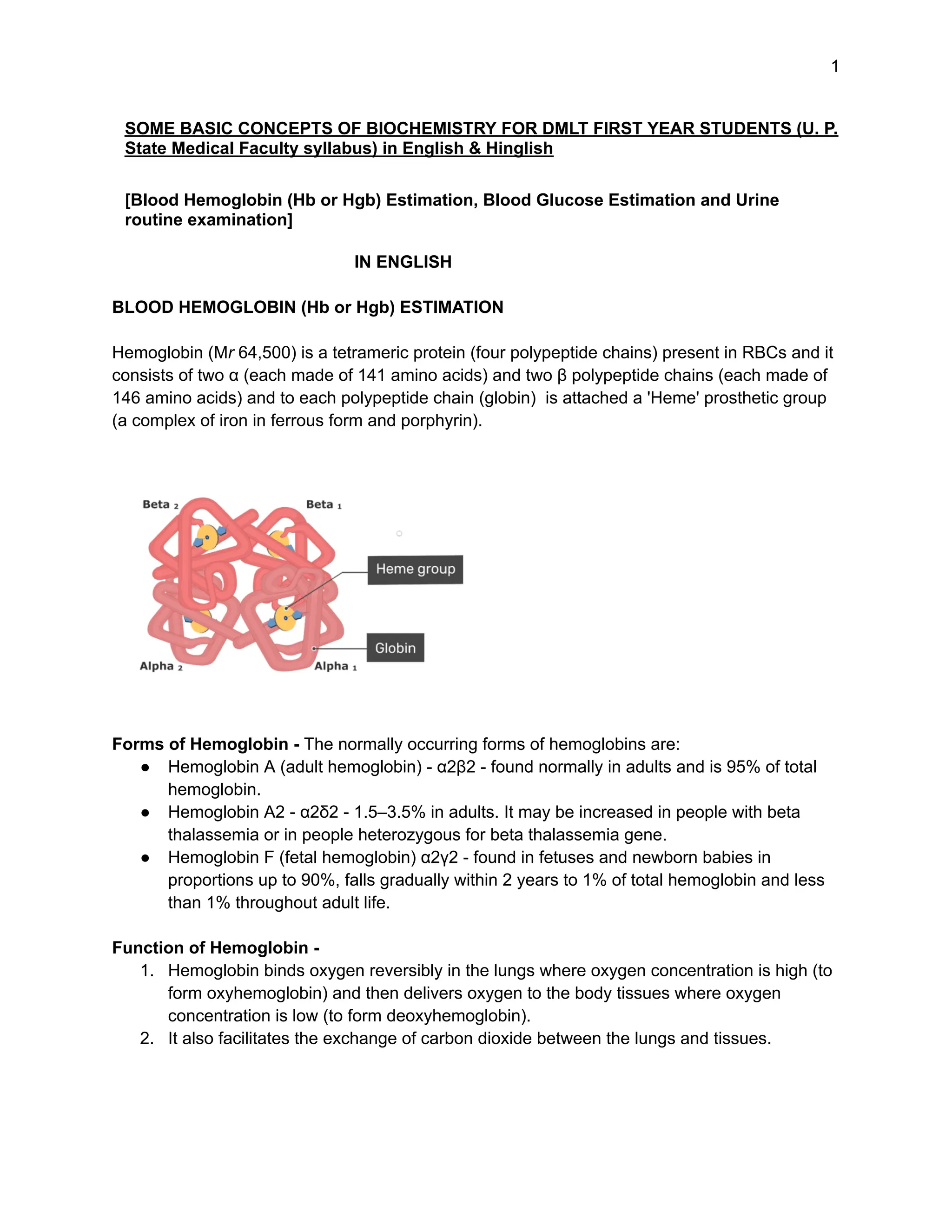 DMLT (1st Year) : Blood Hemoglobin, Blood Glucose estimation and Urine ...