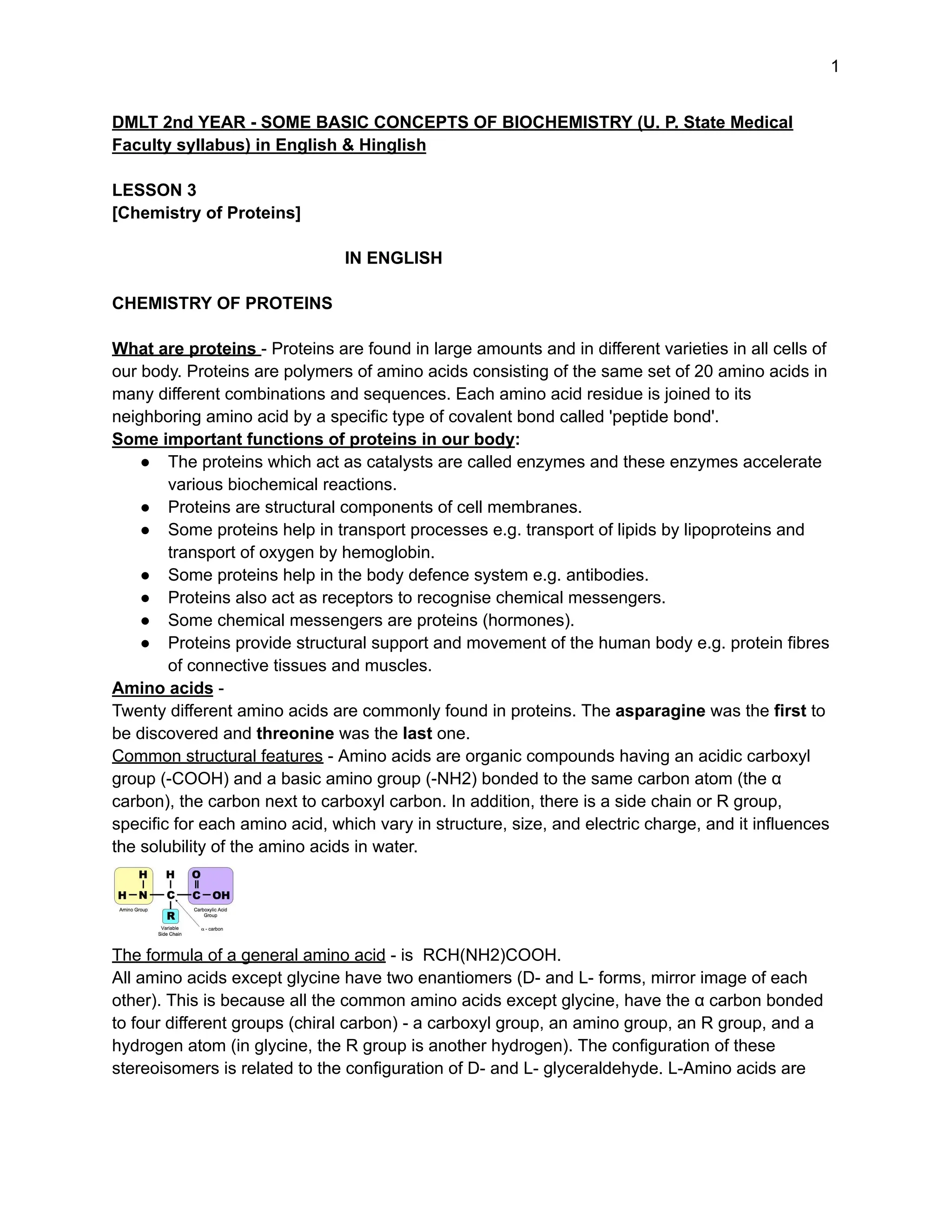 DMLT (2nd Year) : Chemistry of Proteins - Some basic concepts (U. P. State Medical Faculty ...