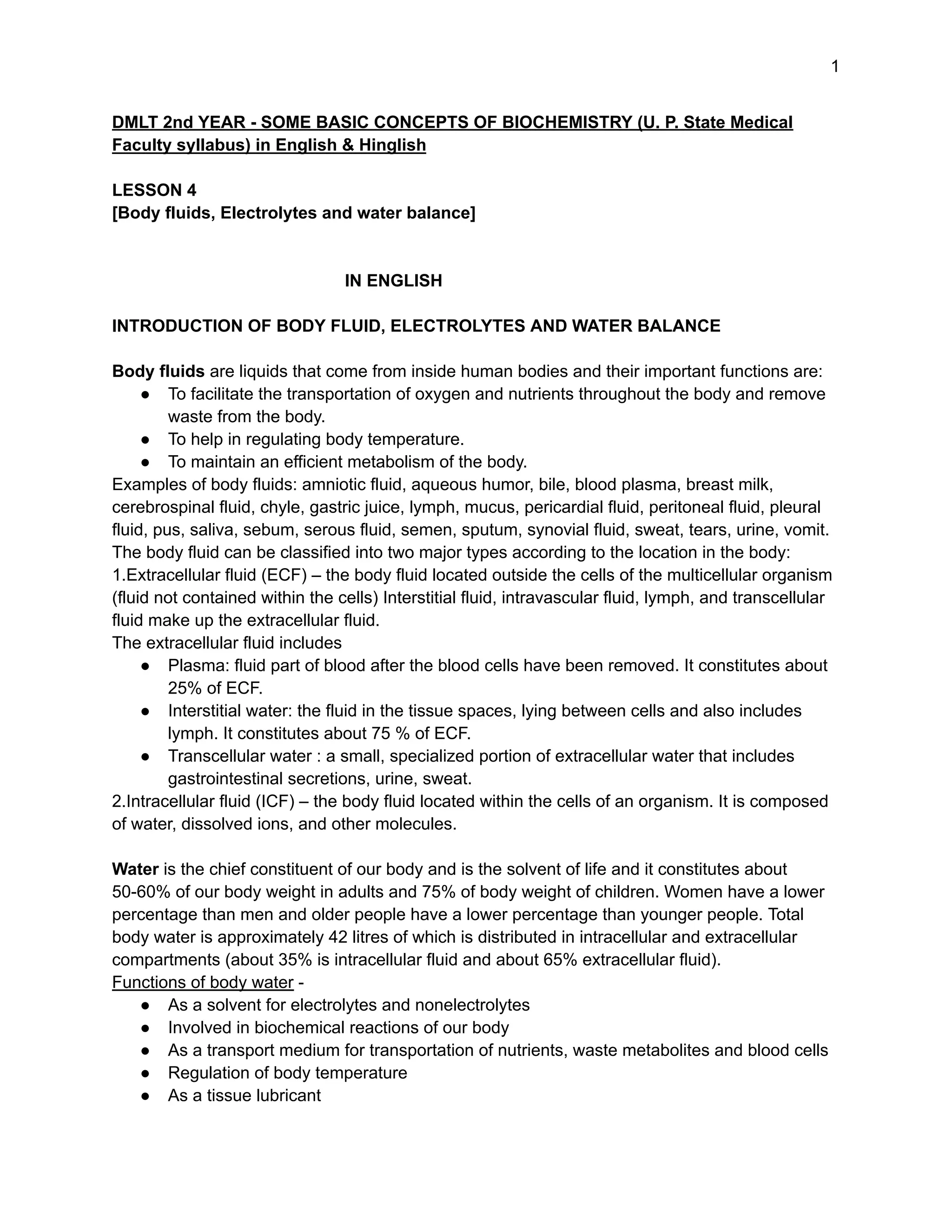 DMLT (2nd Year) : Body fluids, Electrolytes and Water balance - Some ...