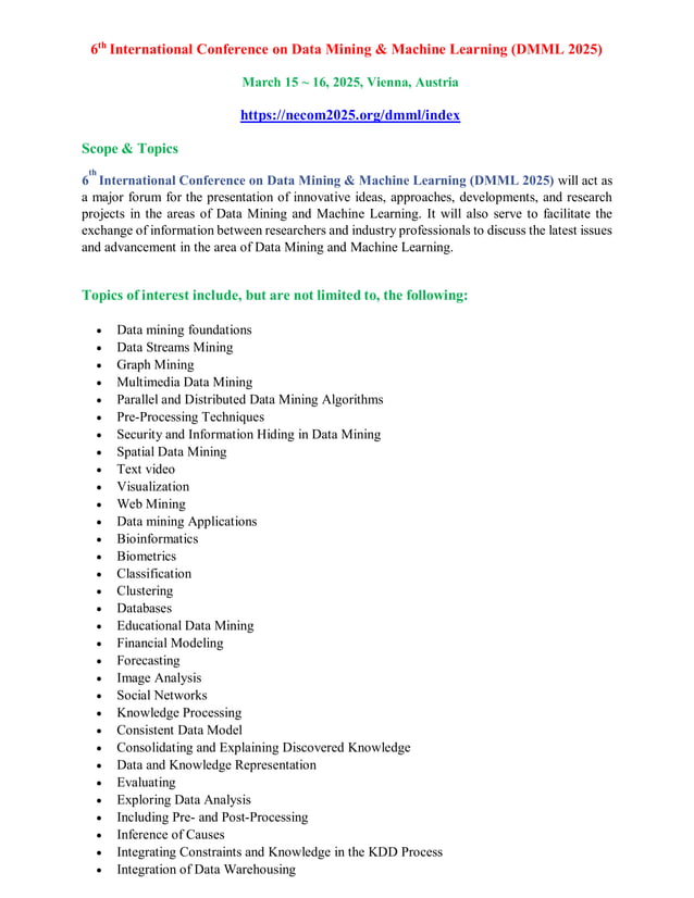 6th International Conference on Data Mining & Machine Learning (DMML 2025) | PDF