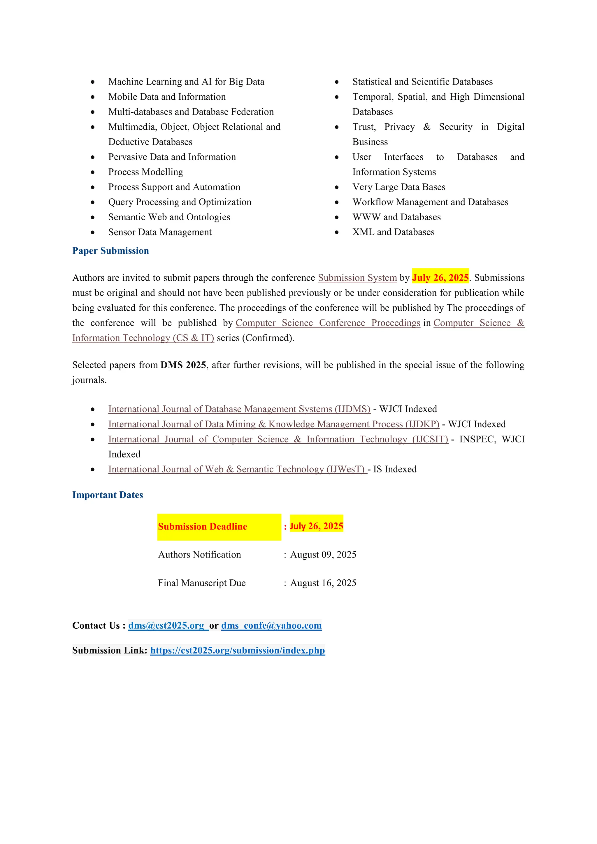 16th International Conference on Database Management Systems (DMS 2025 ...