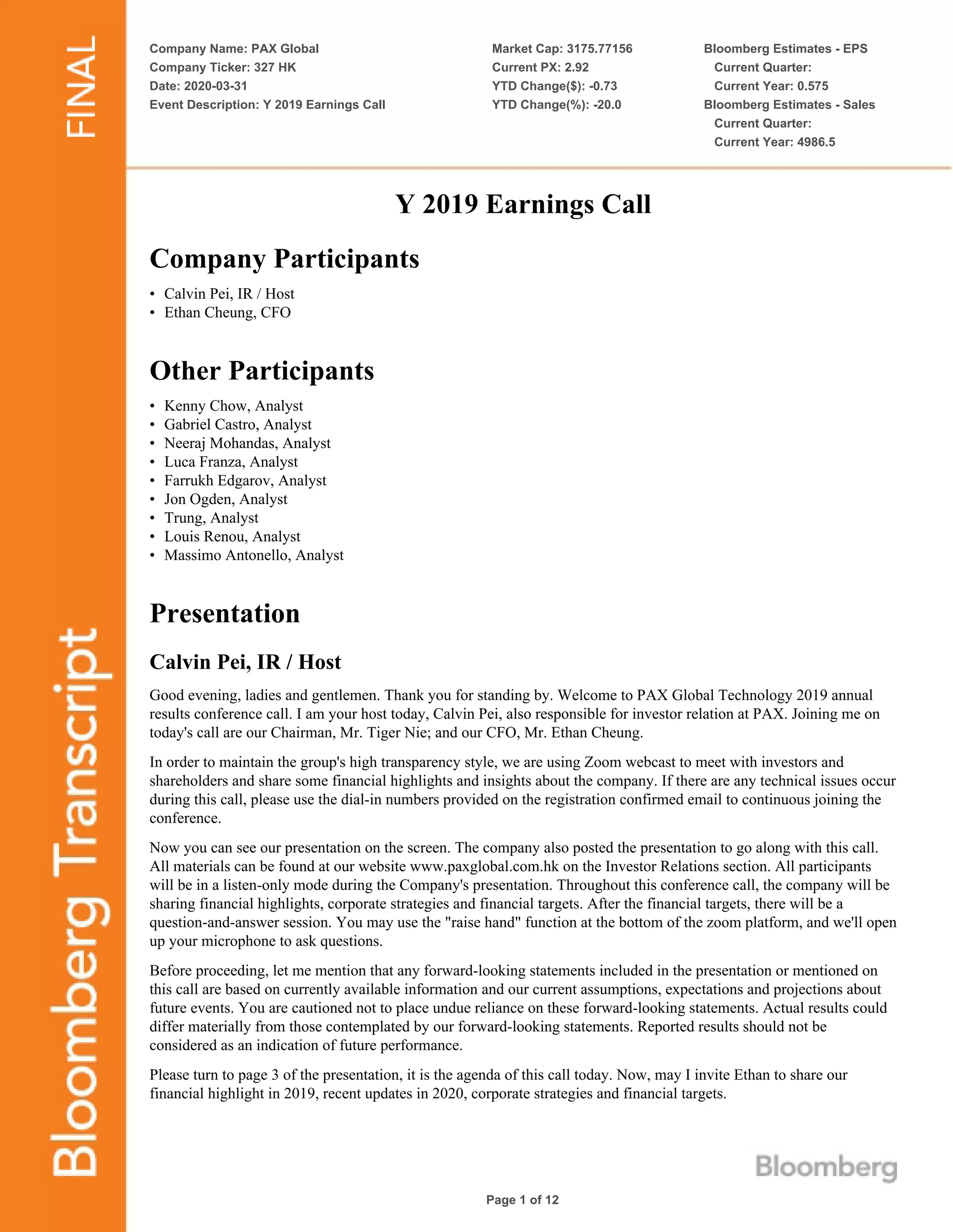 Pax Global Earnings Call Transcript FY 2019 | PDF