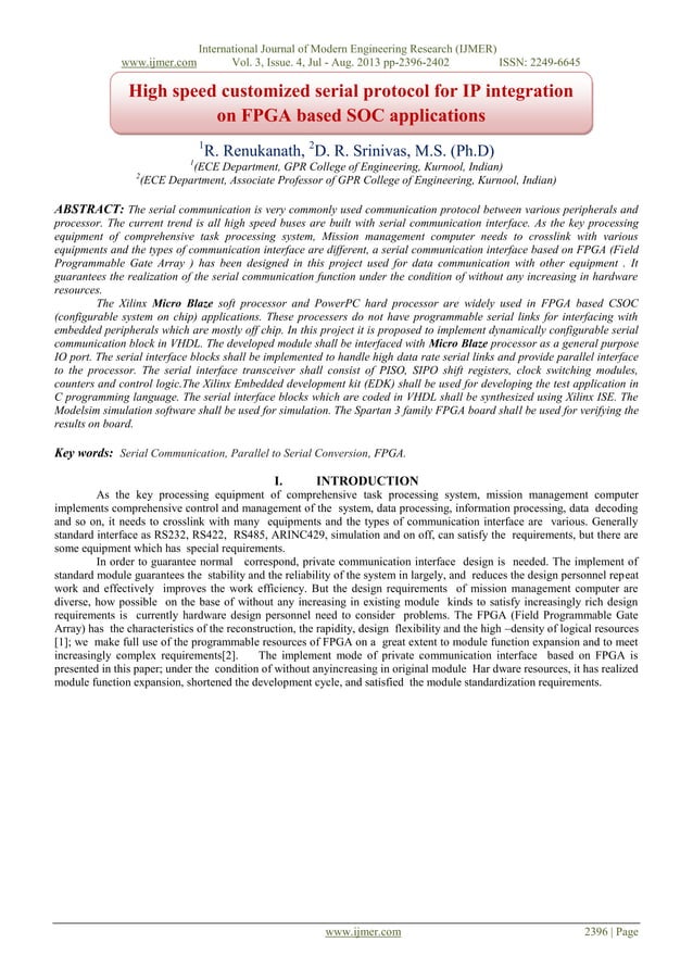 High speed customized serial protocol for IP integration on FPGA based SOC applications | PDF ...