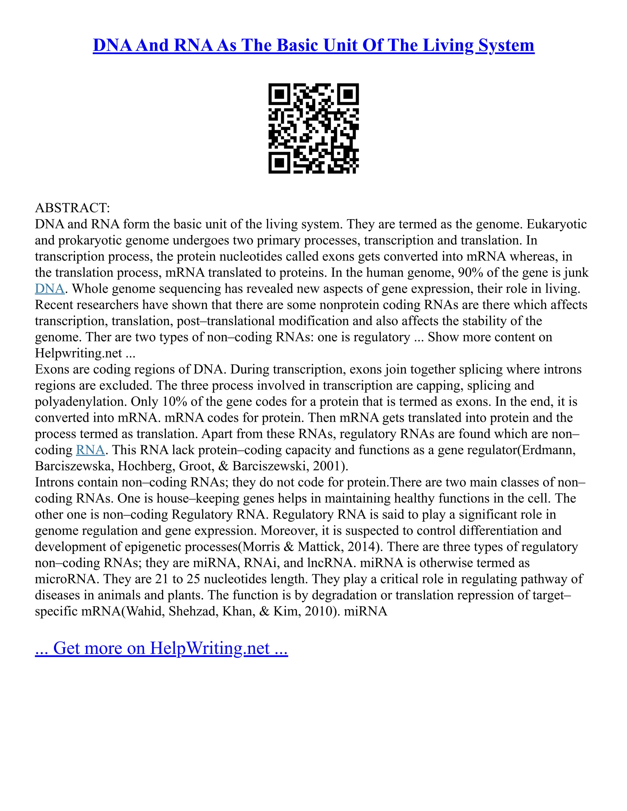 DNA And RNA As The Basic Unit Of The Living System | PDF