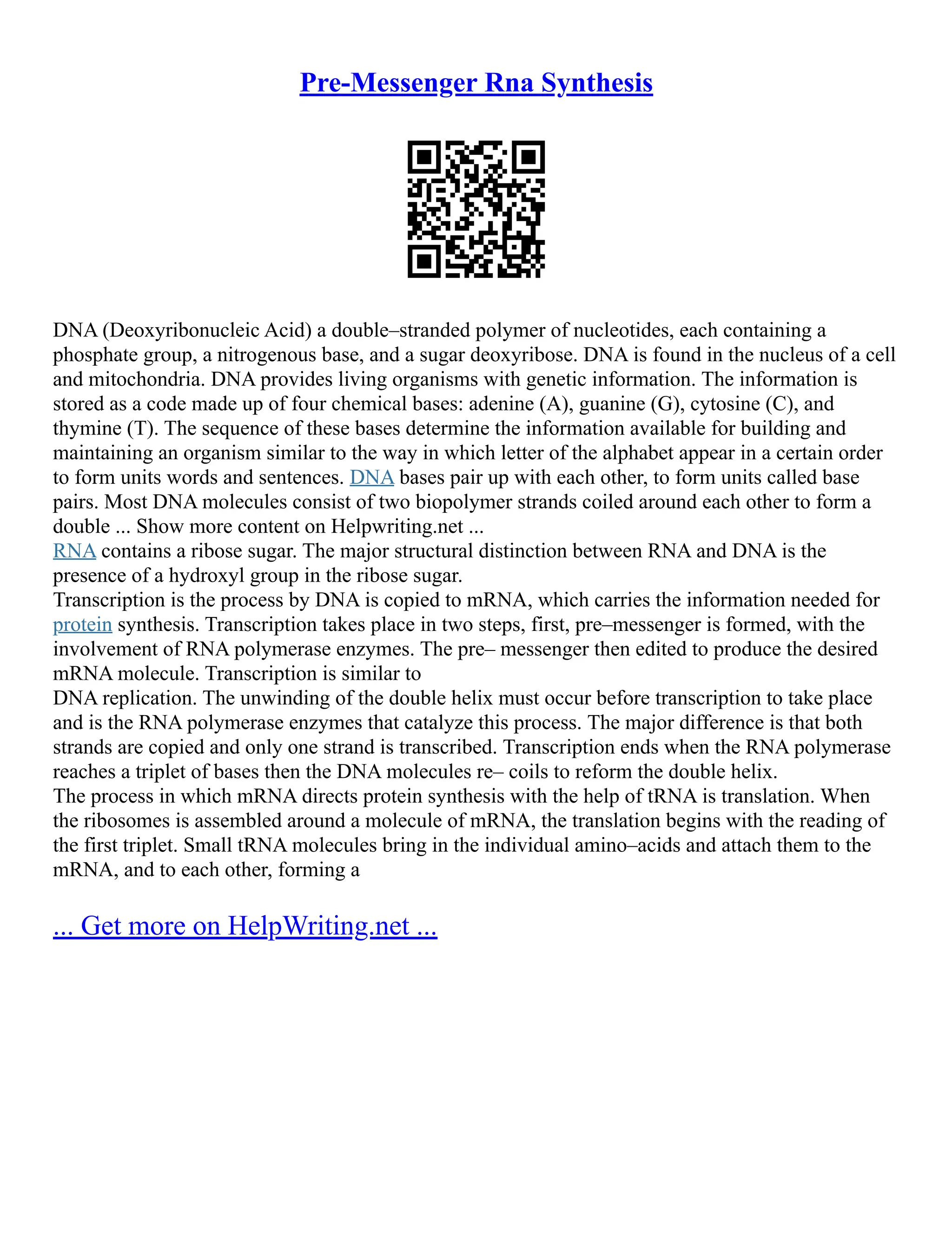 DNA And RNA As The Basic Unit Of The Living System | PDF