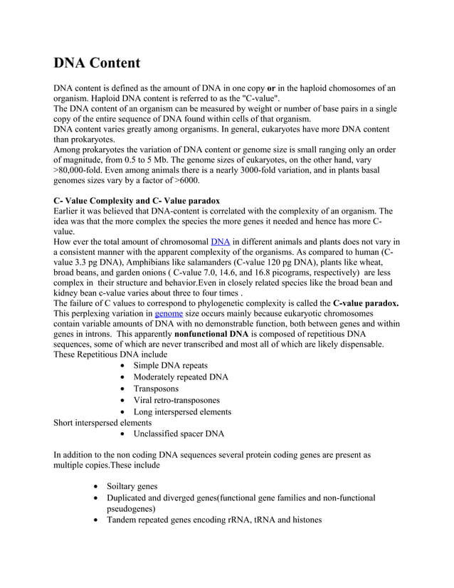 Dna Contentc Value Paradox Euchromatin Heterochromatin Banding Pattern Doc