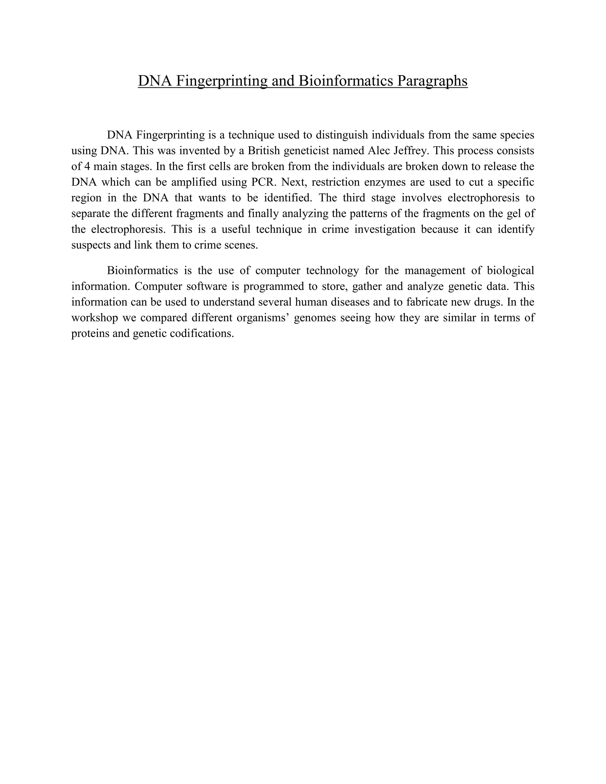 Dna fingerprinting and bioinformatics paragraphs | DOCX