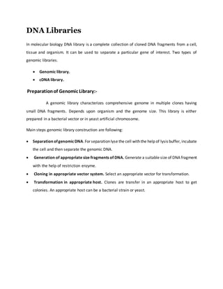 Dna libraries | DOCX | Biological Sciences | Science