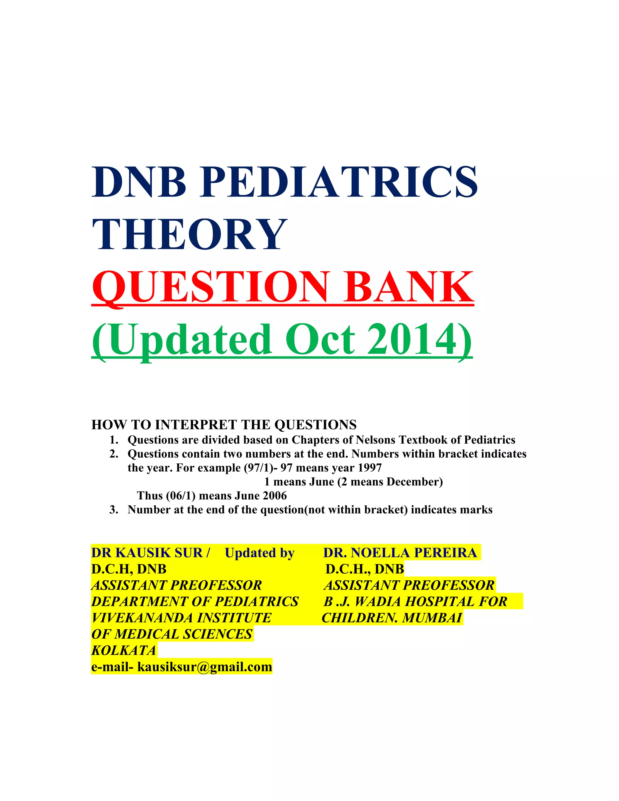 DNB PEDIATRICS THEORY QUESTION BANK (updated Oct 2014) | DOC