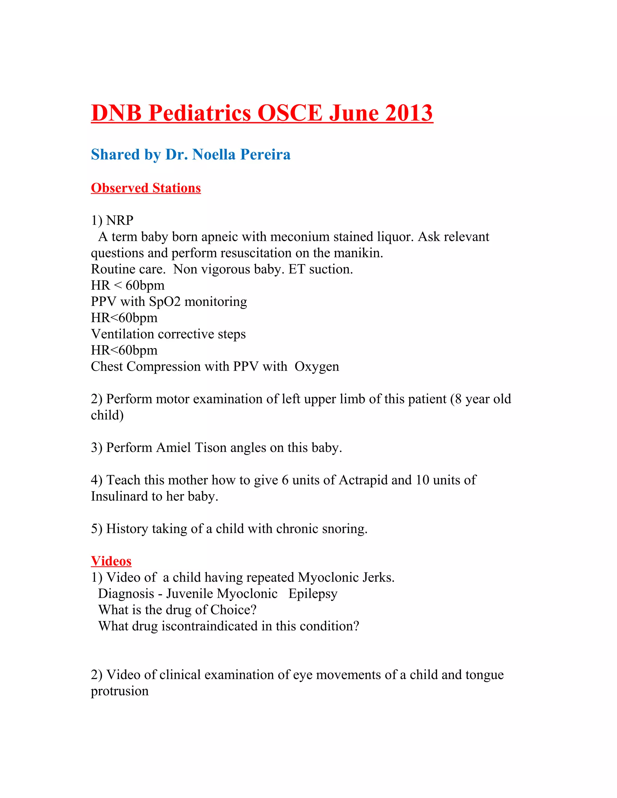 DNB Pediatrics OSCE June 2013 | DOC