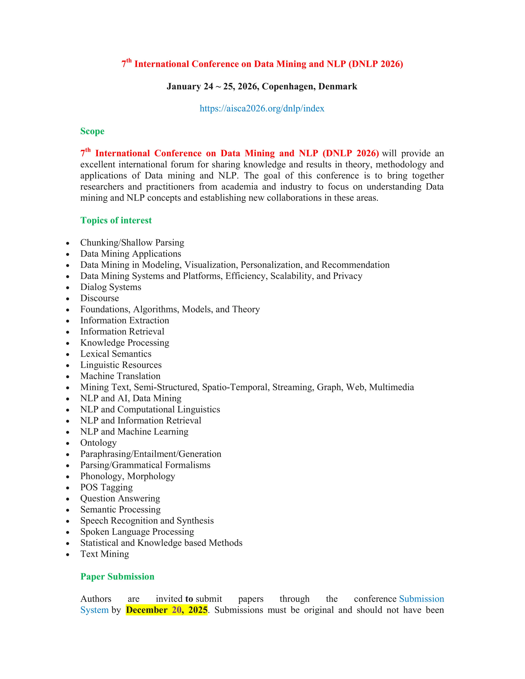 Call for Papers - 7th International Conference on Data Mining and NLP (DNLP 2026) | PDF