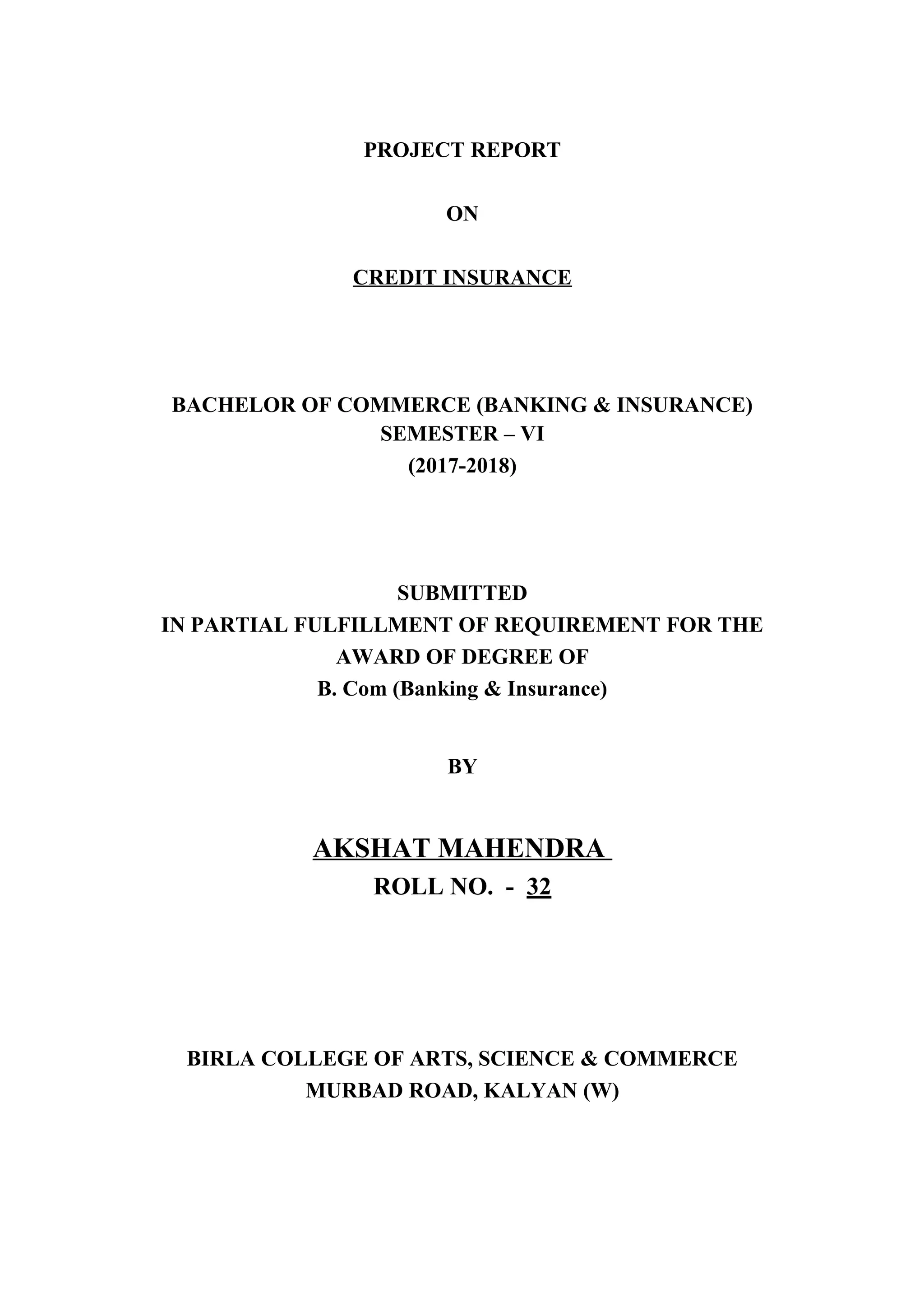 Project on CREDIT INSURANCE by Akshat Mahendra | PDF