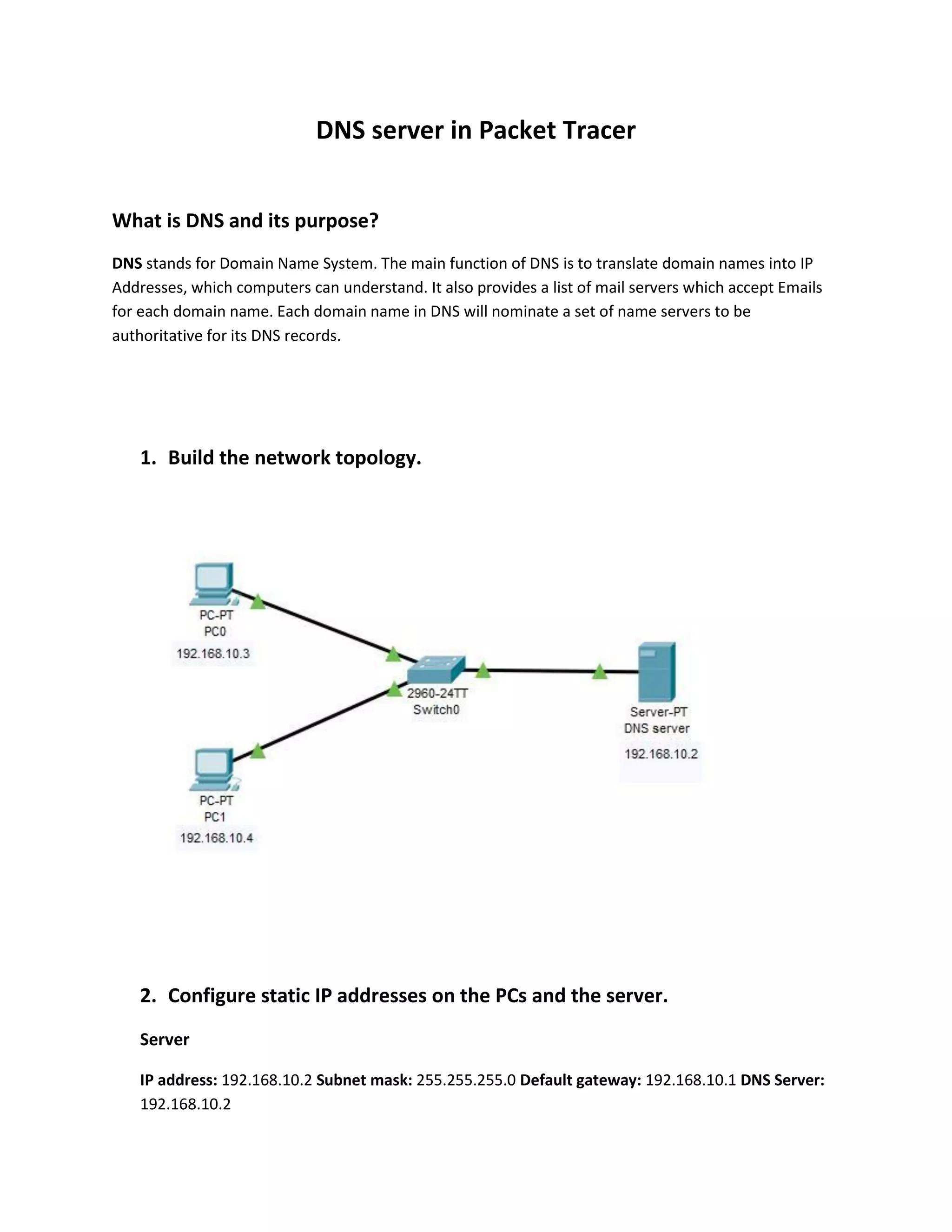Dns Server Configuration In Packet Tracer Pdf Computer Networking Computing