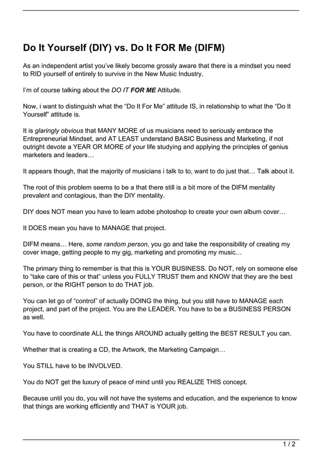 Do It Yourself (DIY) vs. Do It FOR Me (DIFM) | PDF