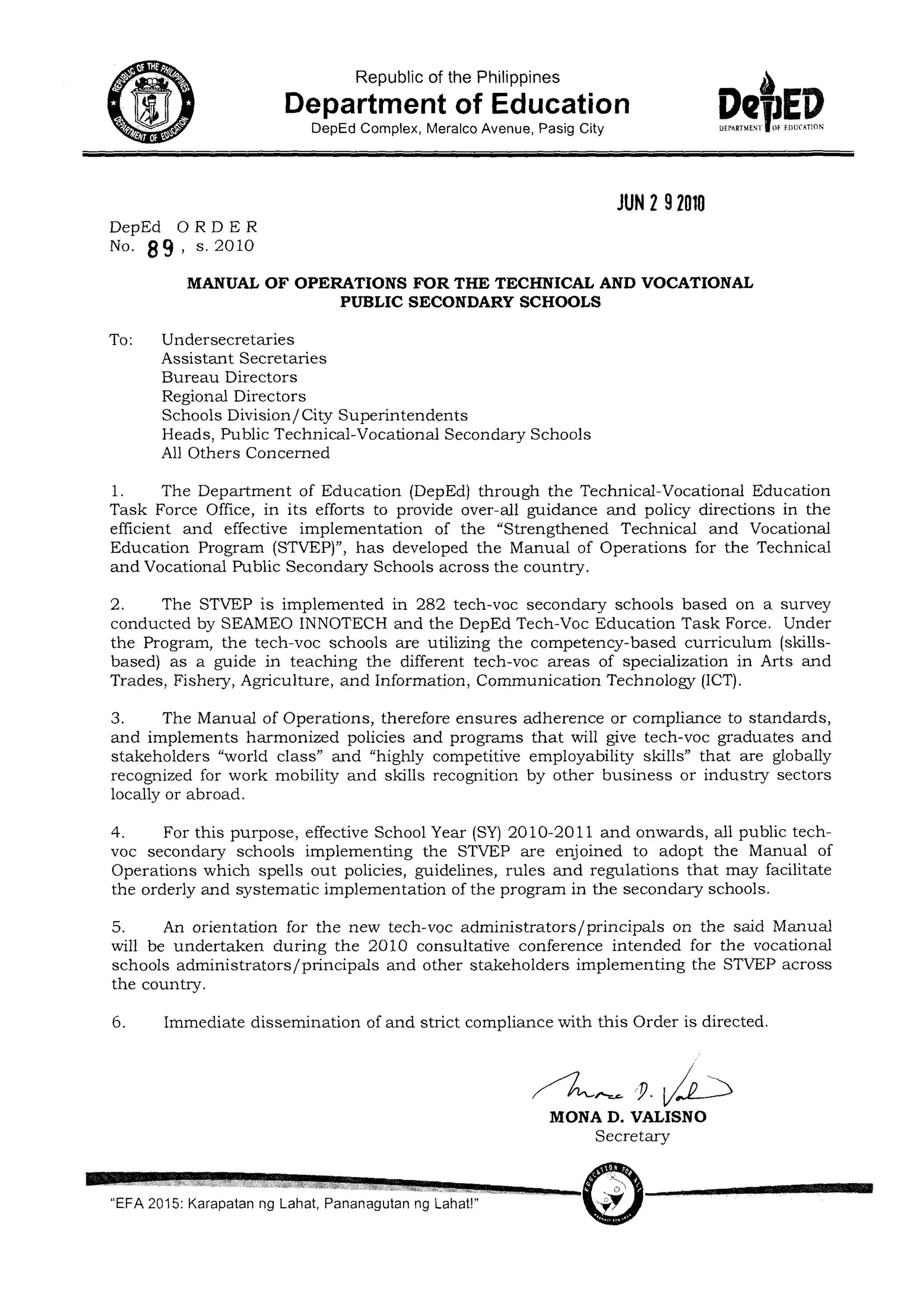 DepEd Order No. 89, series of 2010 - Manual of Operations for the ...