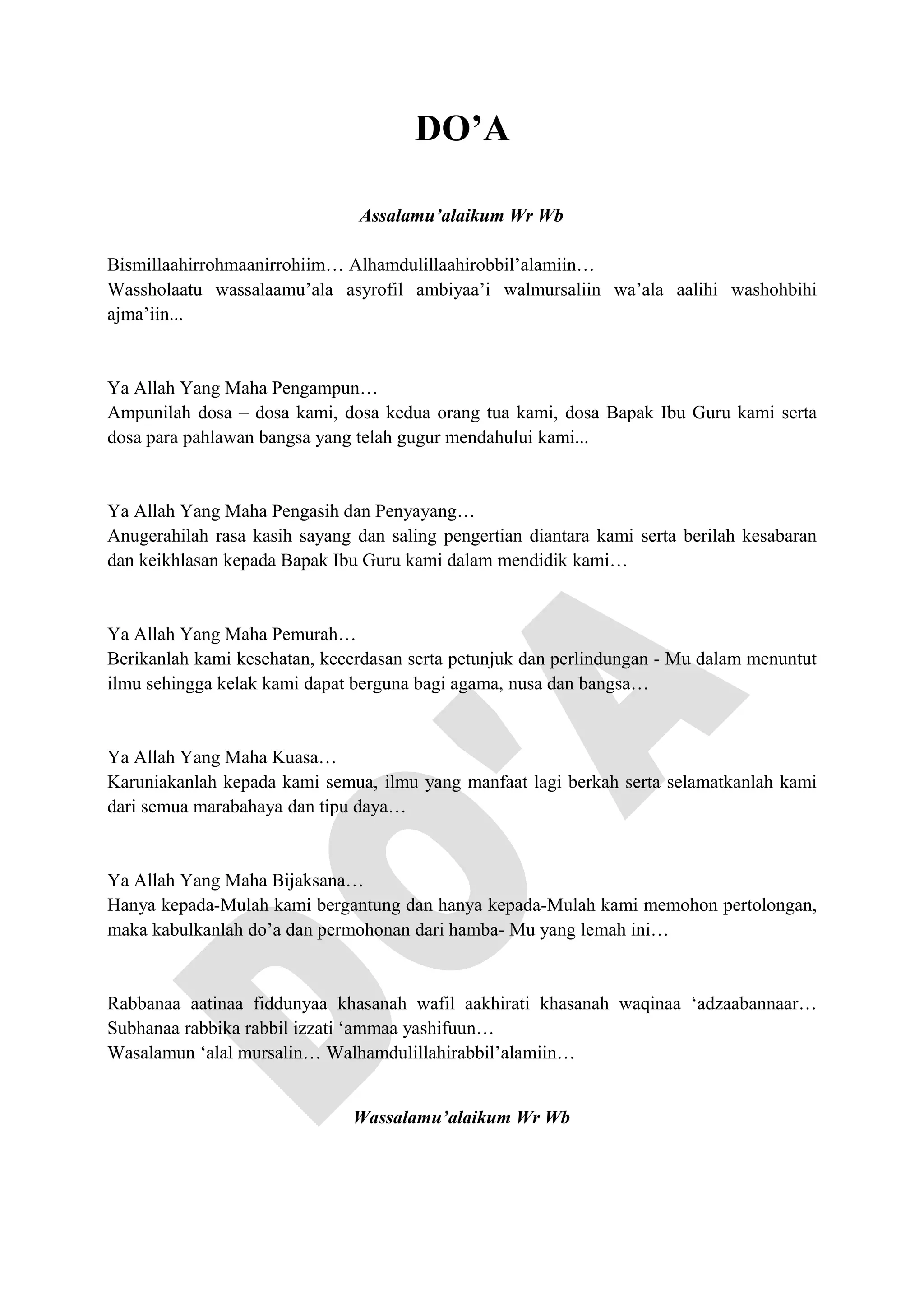 Doa Upacara Hari Senin Sekolah | DOC