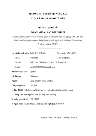 Đề tài: Chế tạo hạt gel chitin kích thước nhỏ từ vỏ cua, HOT, 9đ | PDF