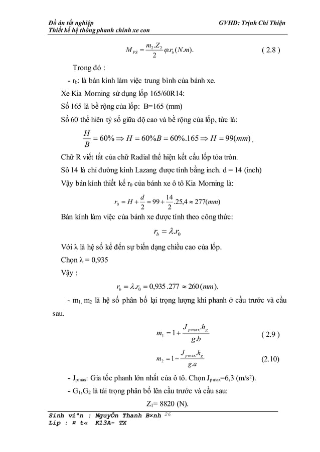 Đề tài: Thiết kế hệ thống phanh chính xe con, HAY, 9đ | DOC