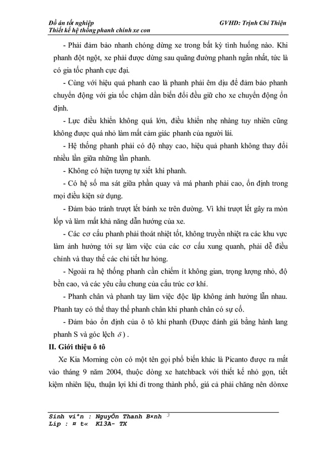 Đề tài: Thiết kế hệ thống phanh chính xe con, HAY, 9đ | DOC