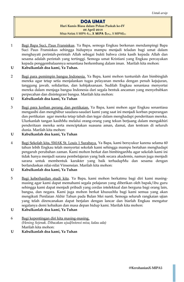 Contoh Doa Umat dalam Liturgi Katolik Roma (2) | DOC