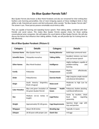 Do Blue Quaker Parrots Talk: Bio of Blue Quaker Parakeet | PDF | Free ...