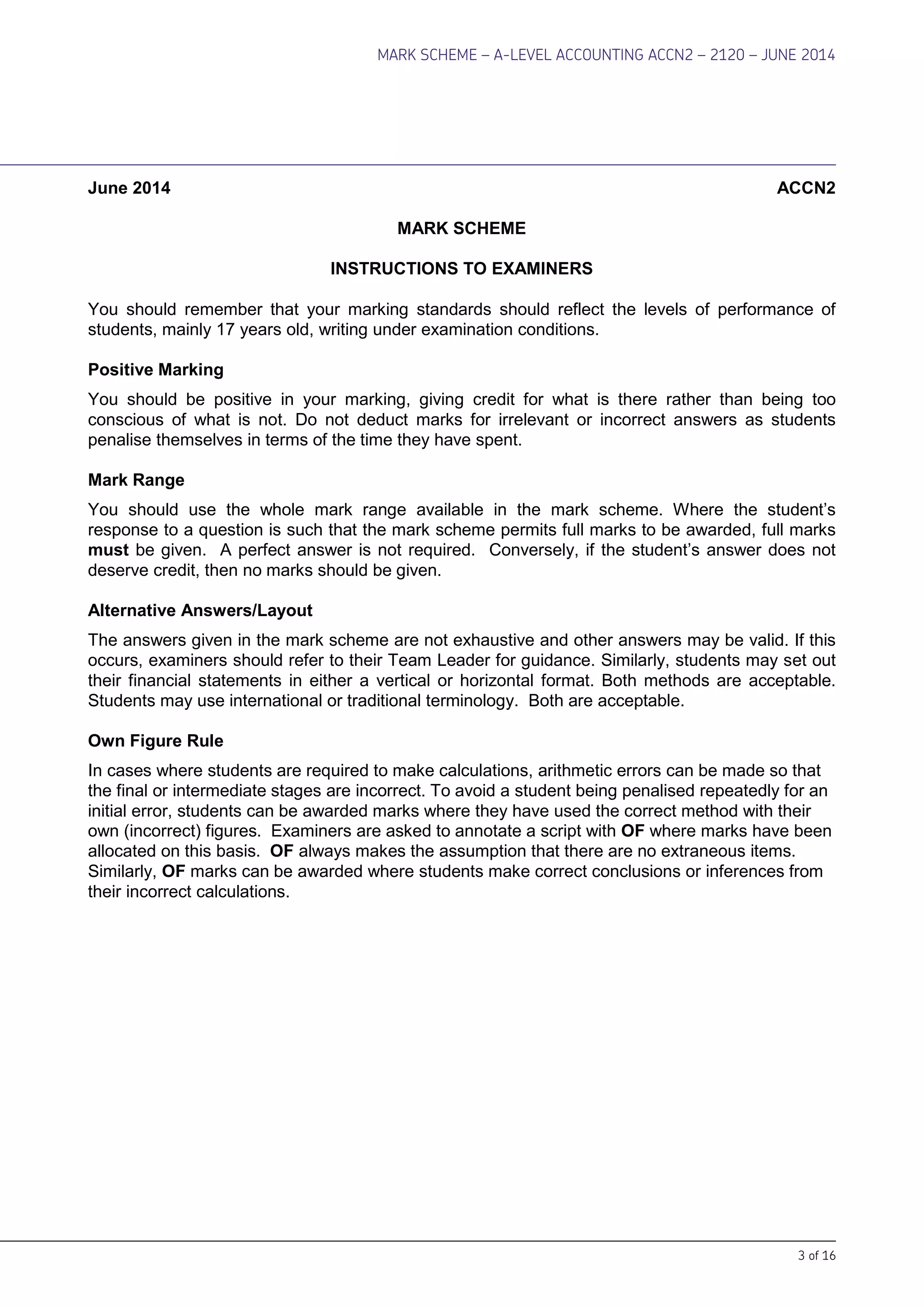 A-Level Accounting ACCN2 Financial and Management Mark Scheme | PDF