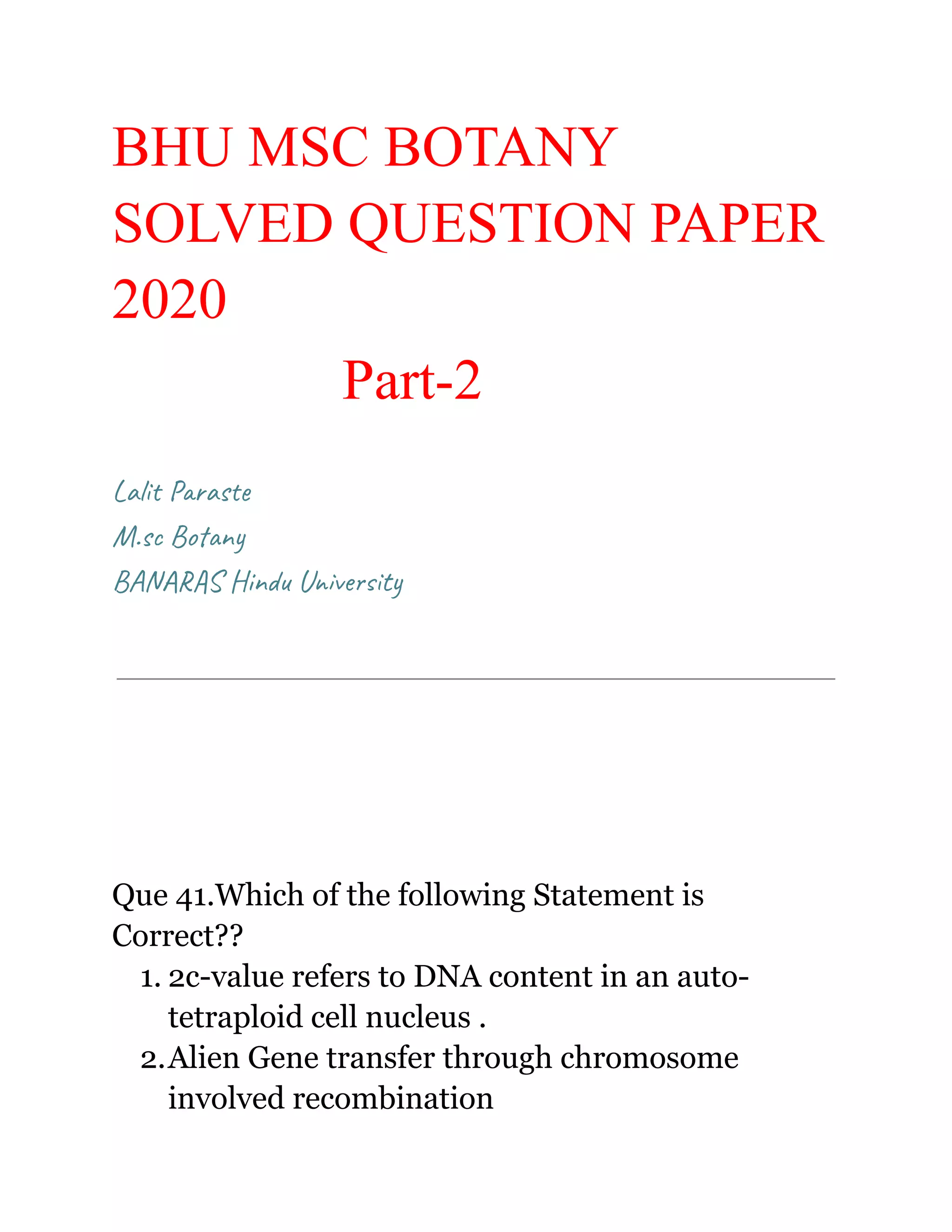 BHU MSC BOTANY ENTRANCE EXAM | PDF