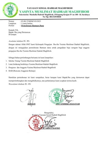 Proposal Bantuan Dana Yasinta Muslimat Hadrah Maghfiroh | PDF