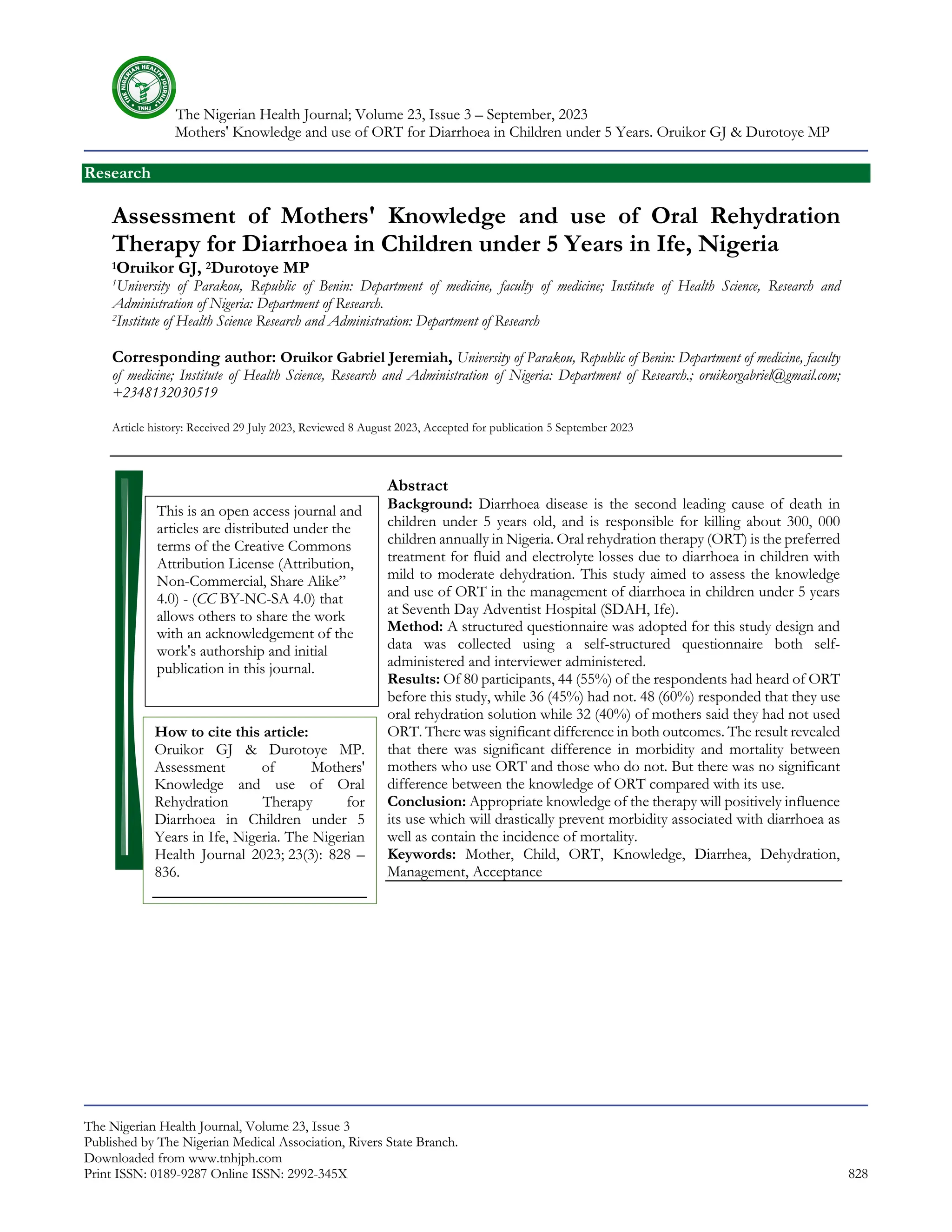 Assessment of Mothers' Knowledge and use of Oral Rehydration Therapy ...
