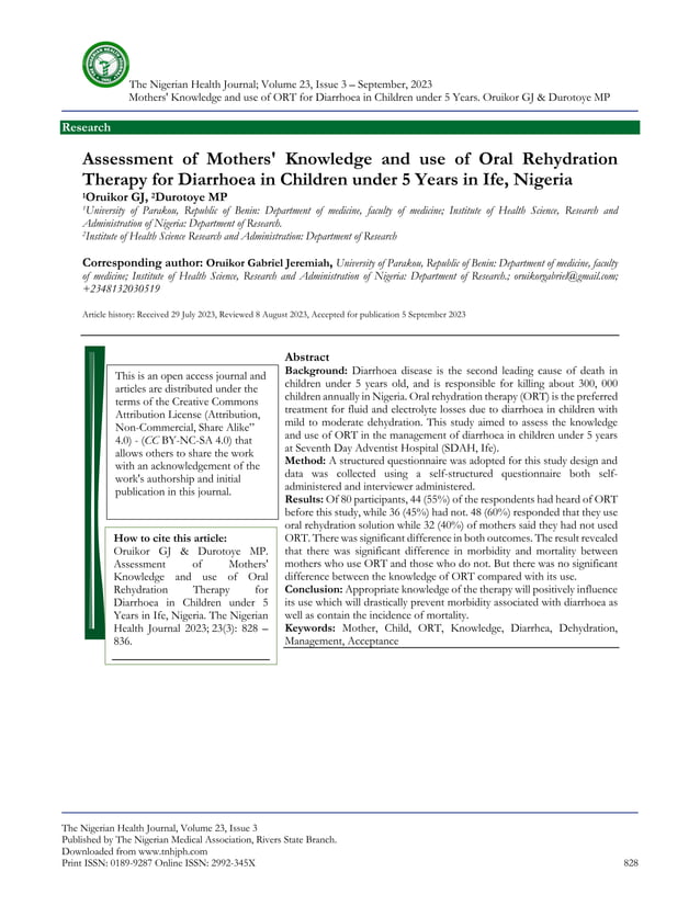 Assessment of Mothers' Knowledge and use of Oral Rehydration Therapy ...