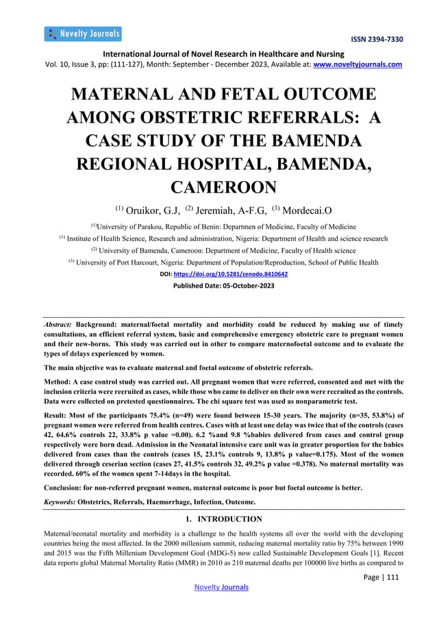 MATERNAL AND FETAL OUTCOME AMONG OBSTETRIC REFERRALS: A CASE STUDY OF ...
