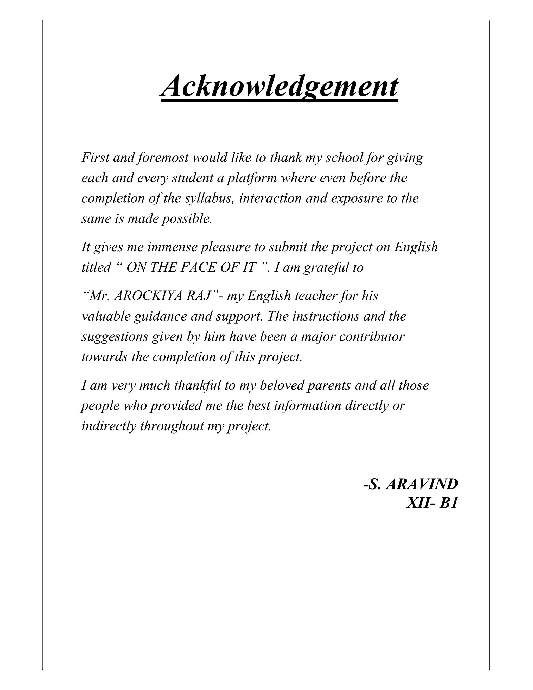 On the face of it English project for class 12 students | PDF