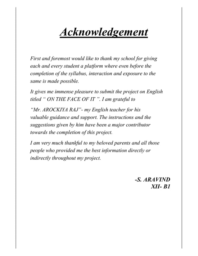 On the face of it English project for class 12 students | PDF