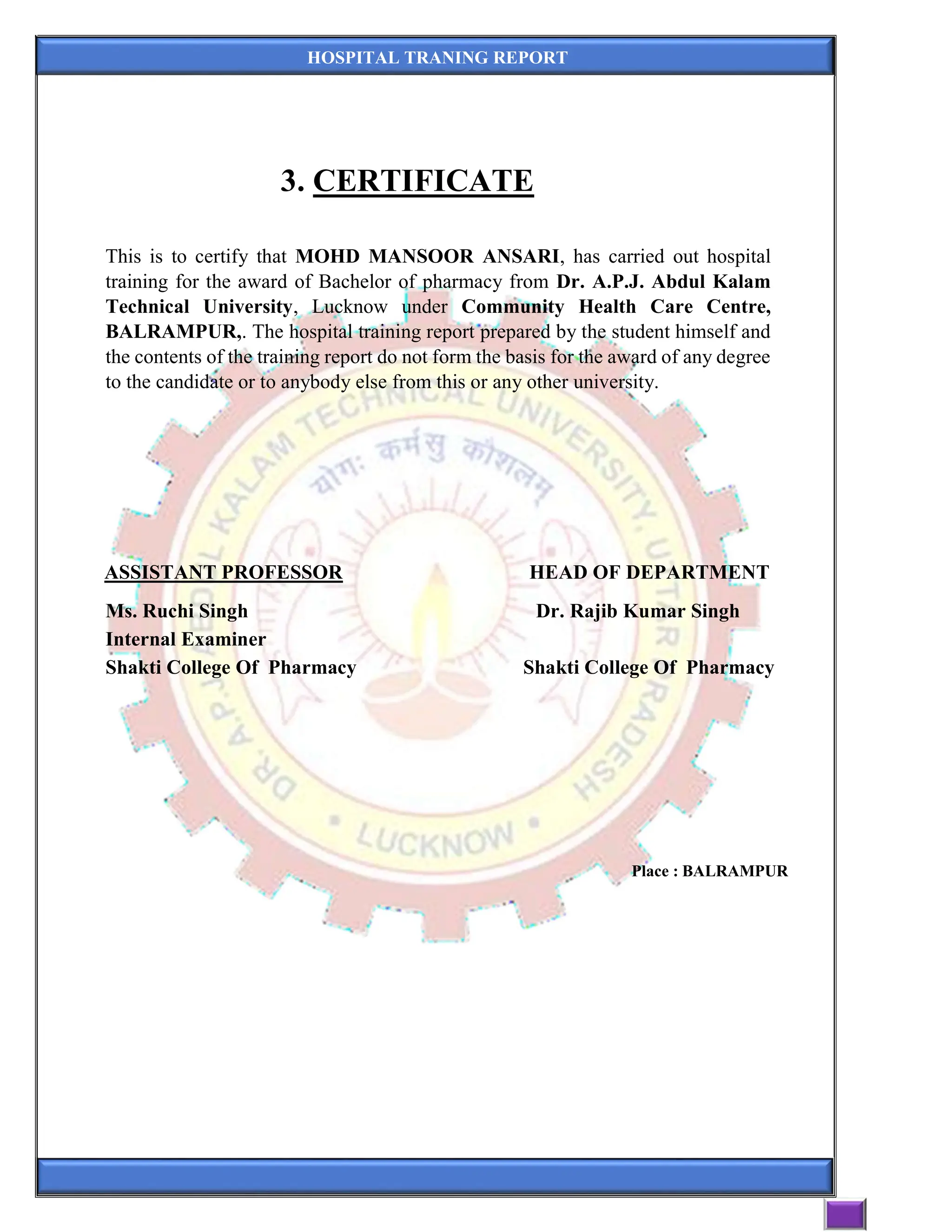 Mansoor Ansari (Hospital Training Report 5th sem ) AKTU..pdf