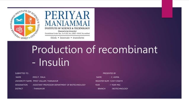Recombinant dna technology (production of recombinant insulin) | PPTX