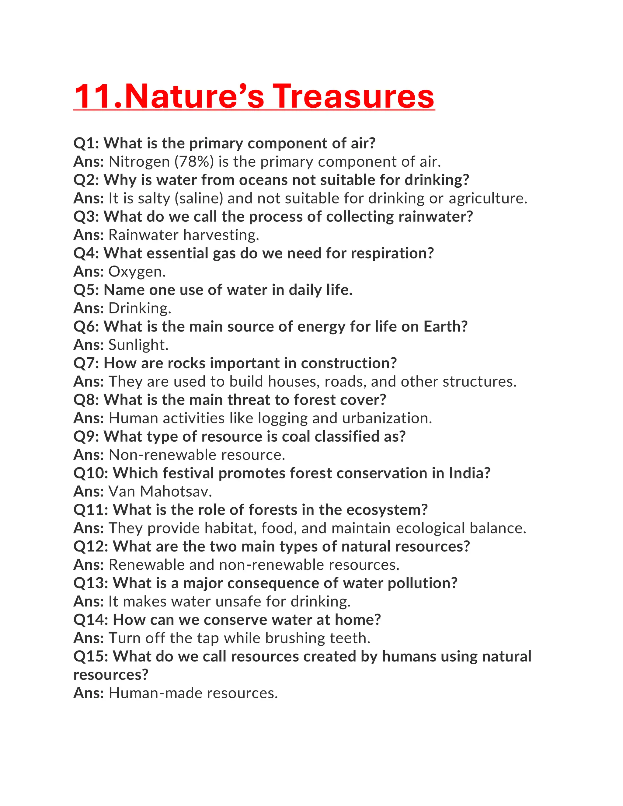 Class 6 Chapter 11 - Nature's Treasures Question Answers | PDF