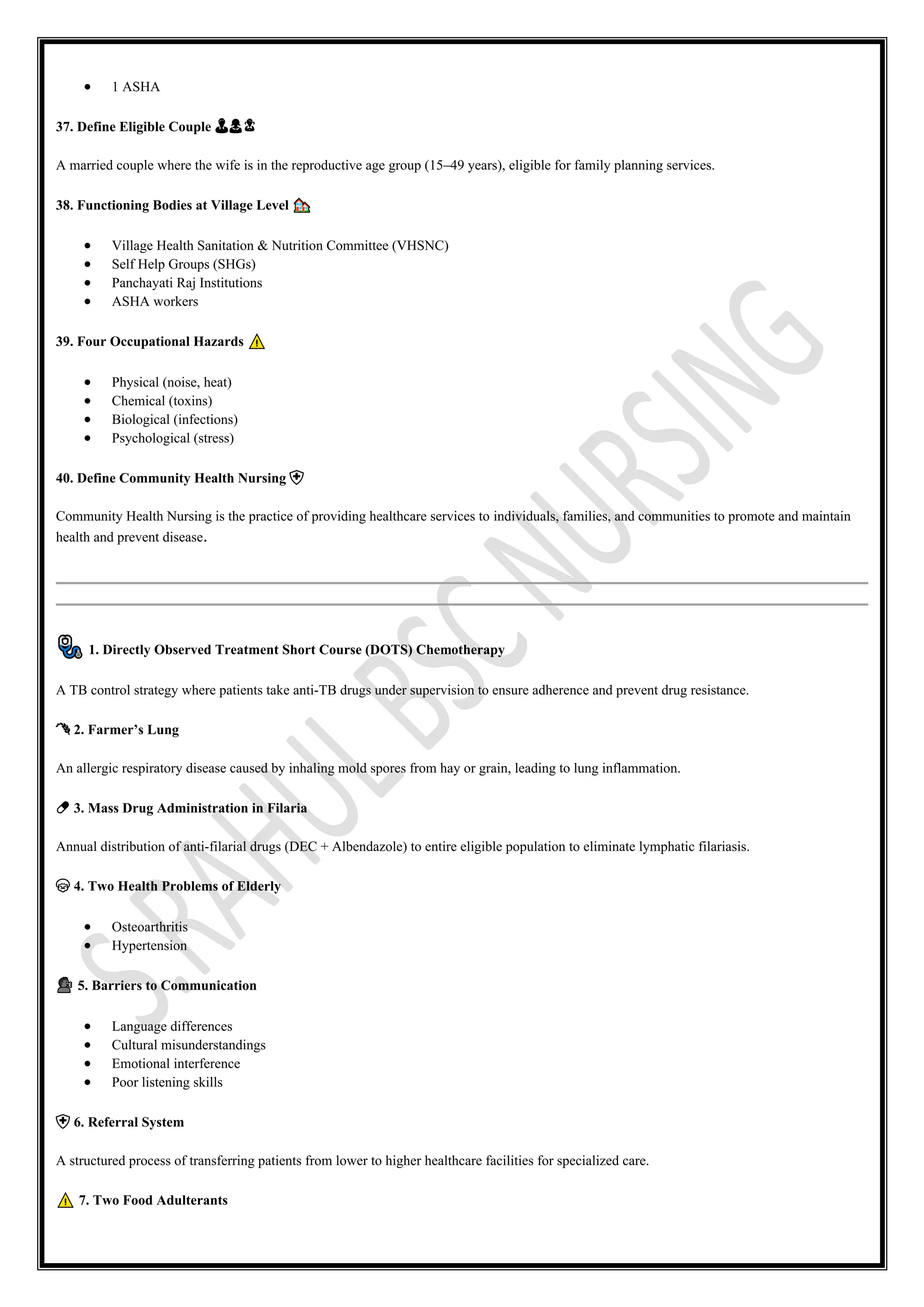 COMMUNITY HEALTH NURSING 2 MARKS STUDY MATERIAL | PDF