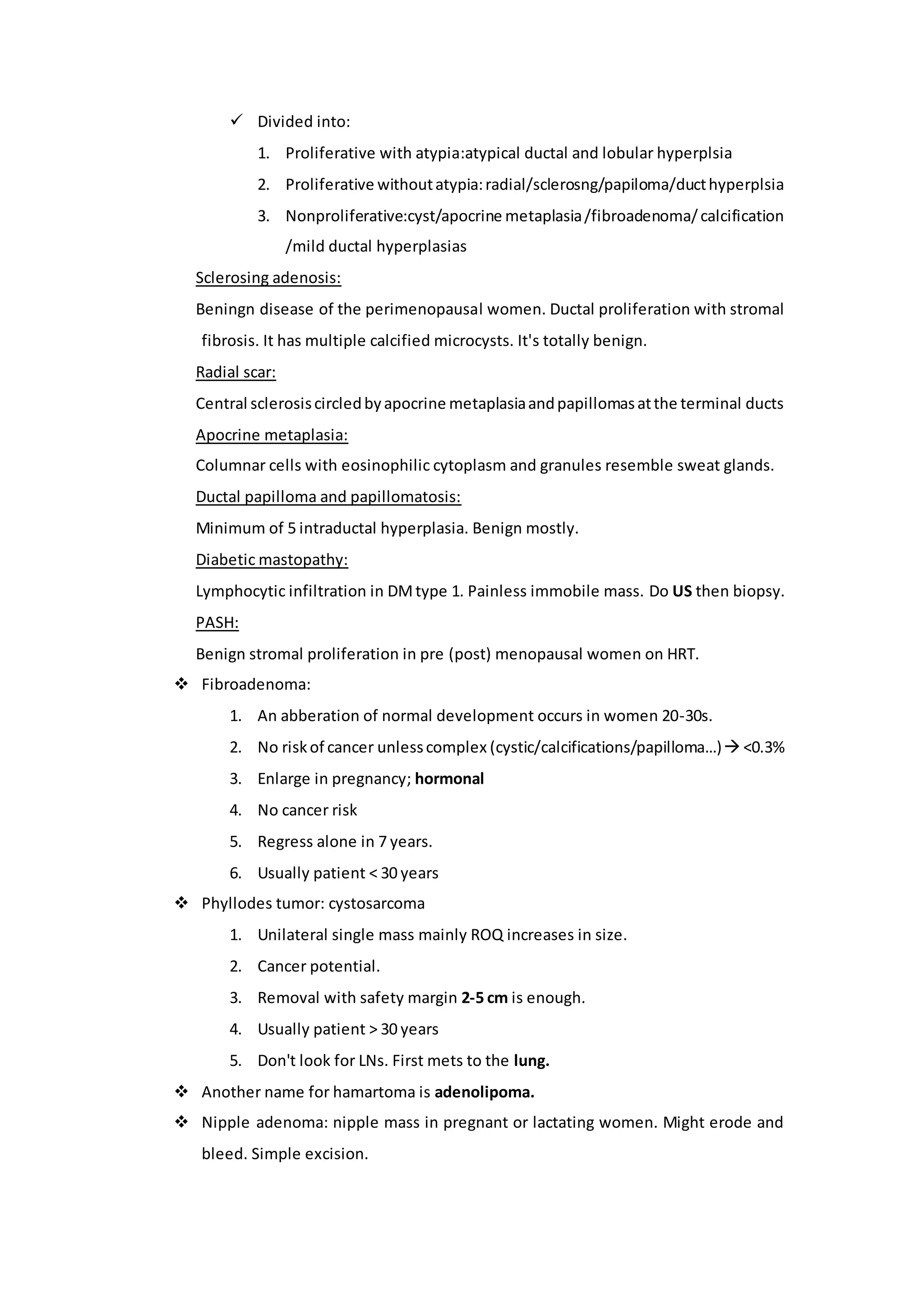 benign breast diseases summary | DOCX