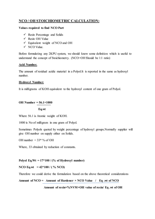 NCO/OH STOICHIOMTRY | DOCX | Chemistry | Science