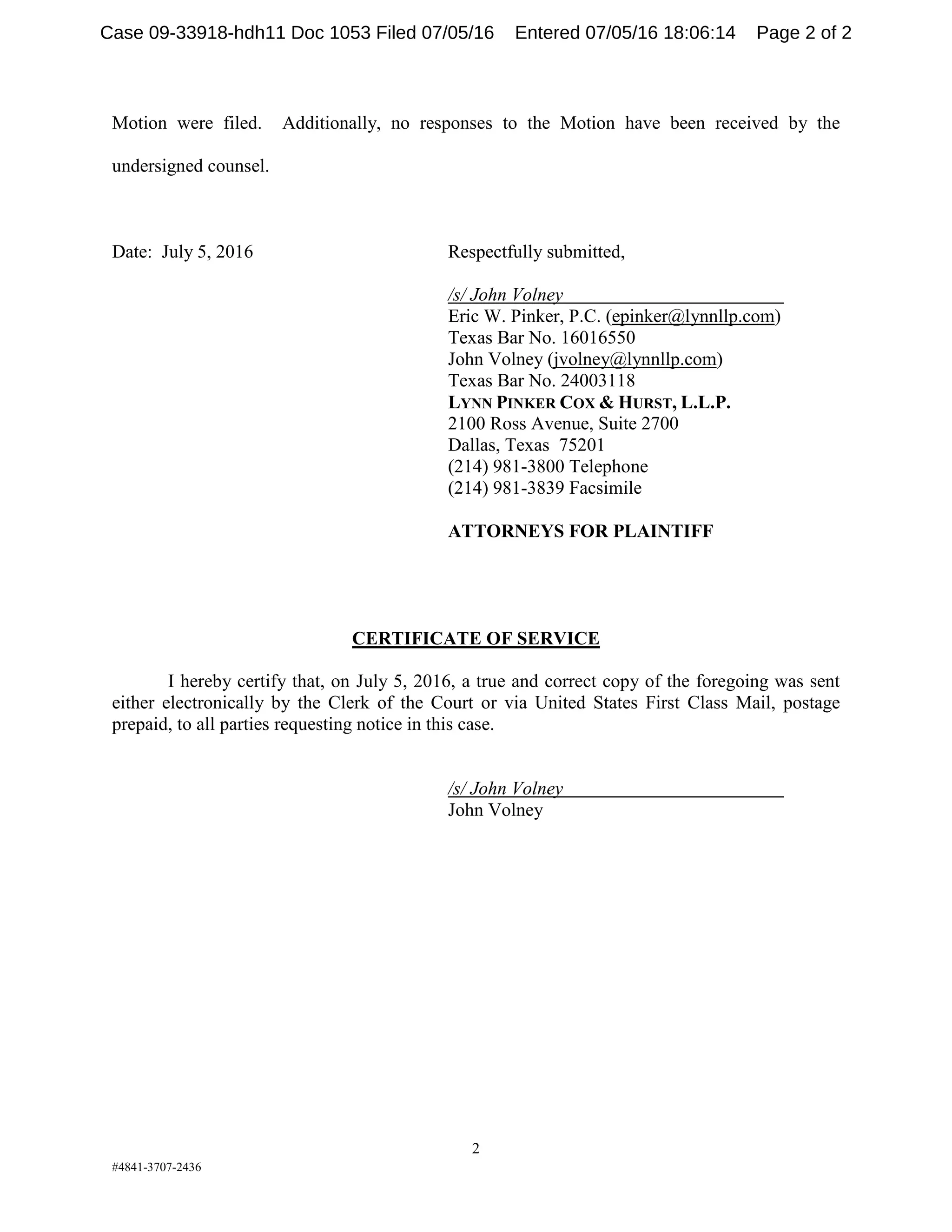 Doc1053 jack roubinek certificate of no objection | PDF