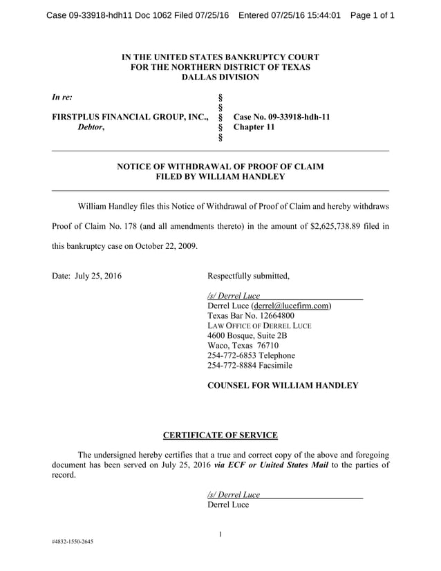 Doc1062 william handley withdrawal of claim | PDF
