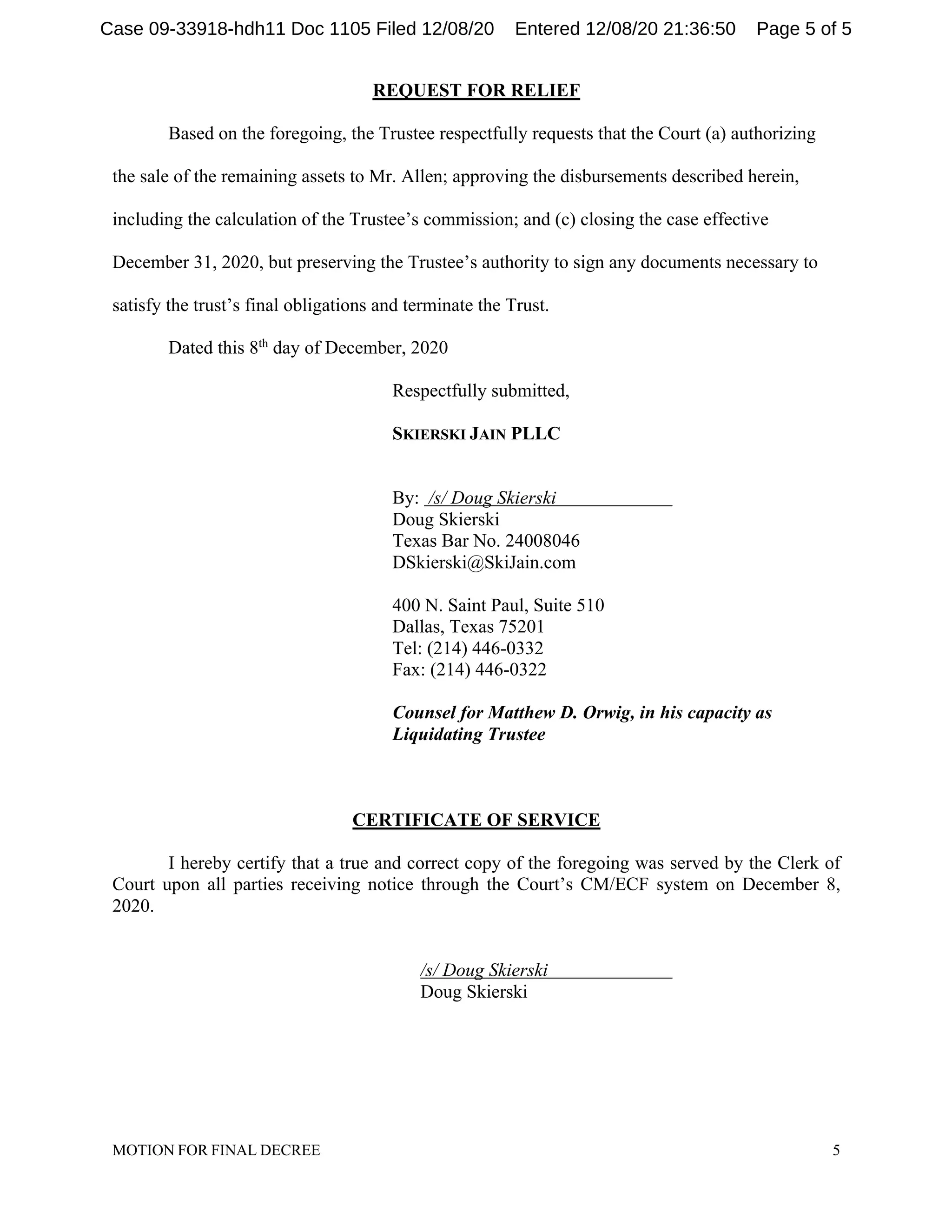Doc1105 motion for approval of disposal of residual assets final ...