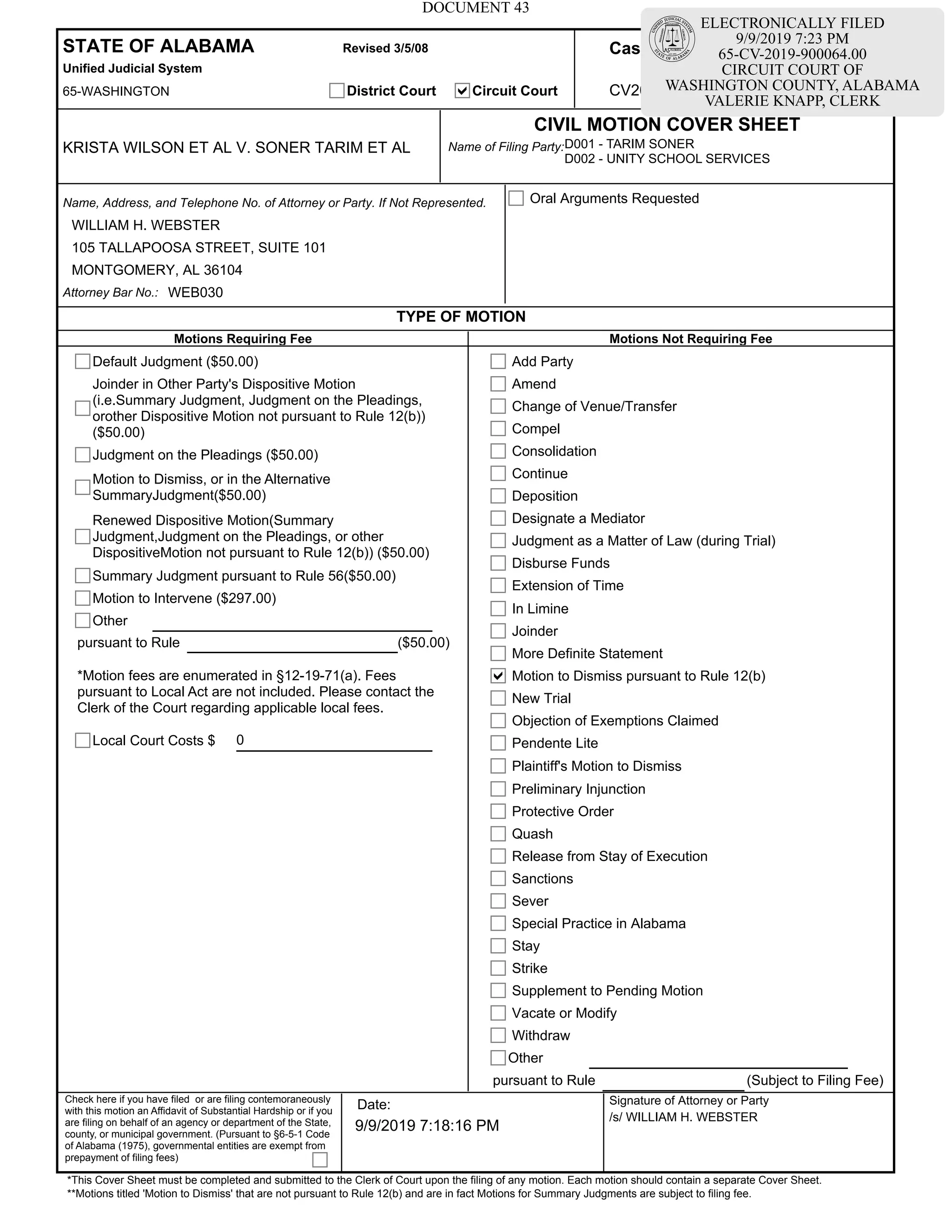 Soner Tarim Unity School Services motion to dismiss vs. Washington ...